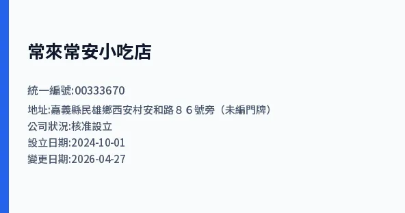 常來常安小吃店的照片-統編 00333670(嘉義縣) 公司登記資料與營業項目詳細圖表