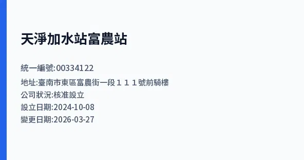 天淨加水站富農站的照片-統編 00334122(臺南市) 公司登記資料與營業項目詳細圖表