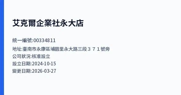 艾克爾企業社永大店的照片-統編 00334811(臺南市) 公司登記資料與營業項目詳細圖表