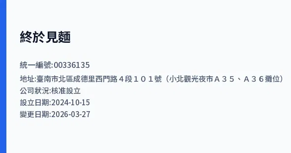 終於見麵的照片-統編 00336135(臺南市) 公司登記資料與營業項目詳細圖表