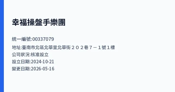 幸福操盤手樂團的照片-統編 00337079(臺南市) 公司登記資料與營業項目詳細圖表