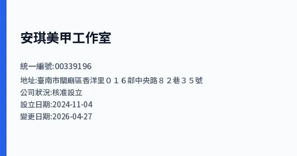 安琪美甲工作室的照片-統編 00339196(臺南市) 公司登記資料與營業項目詳細圖表