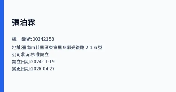 張泊霖的照片-統編 00342158(臺南市) 公司登記資料與營業項目詳細圖表
