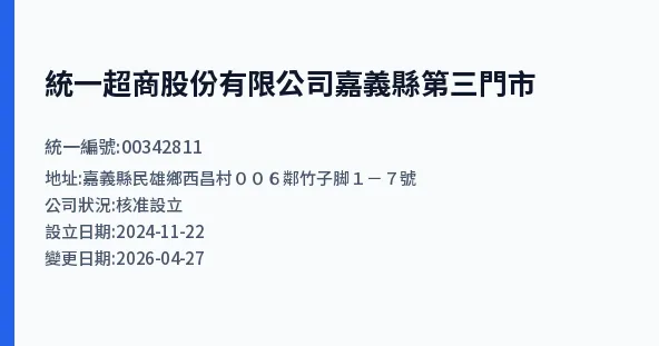 統一超商股份有限公司嘉義縣第三門市的照片-統編 00342811(嘉義縣) 公司登記資料與營業項目詳細圖表