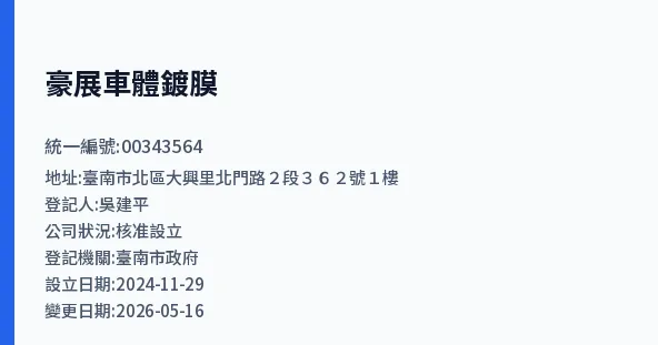 豪展車體鍍膜的照片-統編 00343564(臺南市) 公司登記資料與營業項目詳細圖表