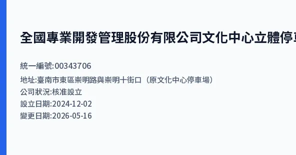 全國專業開發管理股份有限公司文化中心立體停車場的照片-統編 00343706(臺南市) 公司登記資料與營業項目詳細圖表
