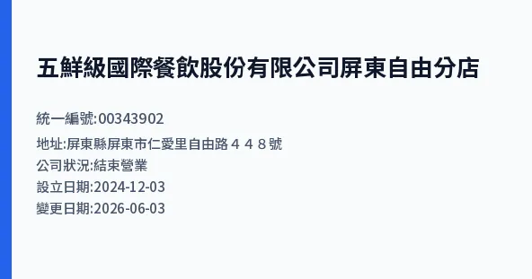 五鮮級國際餐飲股份有限公司屏東自由分店的照片-統編 00343902(屏東縣) 公司登記資料與營業項目詳細圖表