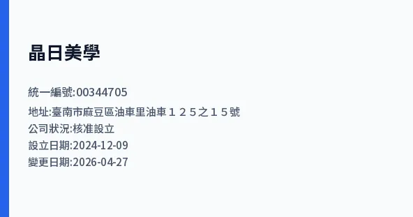 晶日美學的照片-統編 00344705(臺南市) 公司登記資料與營業項目詳細圖表