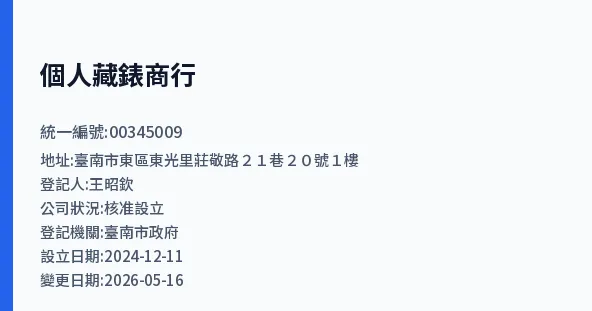 個人藏錶商行的照片-統編 00345009(臺南市) 公司登記資料與營業項目詳細圖表
