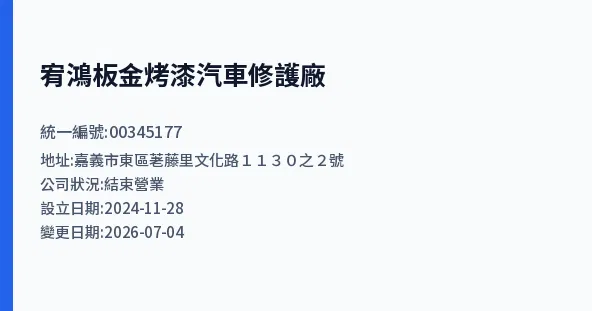 宥鴻板金烤漆汽車修護廠的照片-統編 00345177(嘉義市) 公司登記資料與營業項目詳細圖表