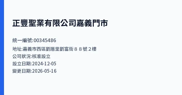 正豐聖業有限公司嘉義門市的照片-統編 00345486(嘉義市) 公司登記資料與營業項目詳細圖表