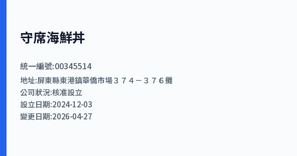守席海鮮丼的照片-統編 00345514(屏東縣) 公司登記資料與營業項目詳細圖表