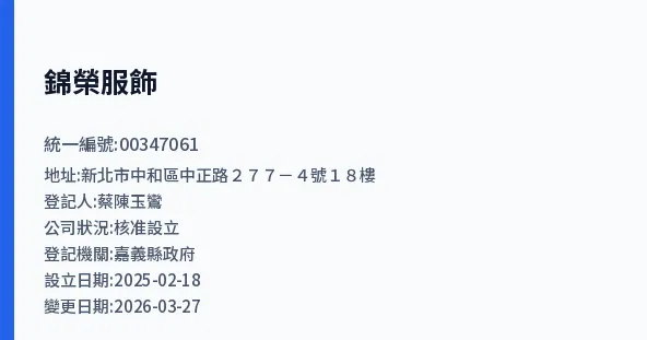 錦榮服飾的照片-統編 00347061(新北市) 公司登記資料與營業項目詳細圖表