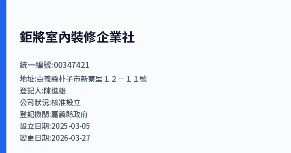 鉅將室內裝修企業社的照片-統編 00347421(嘉義縣) 公司登記資料與營業項目詳細圖表