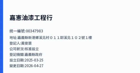 嘉憲油漆工程行的照片-統編 00347983(嘉義縣) 公司登記資料與營業項目詳細圖表