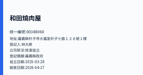 和田燒肉屋的照片-統編 00348060(嘉義縣) 公司登記資料與營業項目詳細圖表