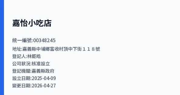 嘉怡小吃店的照片-統編 00348245(嘉義縣) 公司登記資料與營業項目詳細圖表