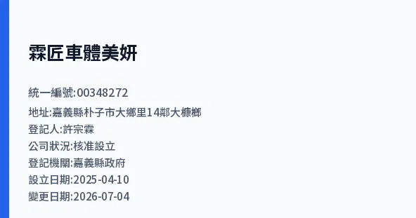 霖匠車體美妍的照片-統編 00348272(嘉義縣) 公司登記資料與營業項目詳細圖表