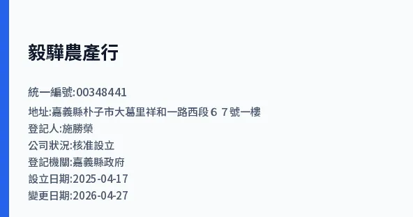 毅驊農產行的照片-統編 00348441(嘉義縣) 公司登記資料與營業項目詳細圖表