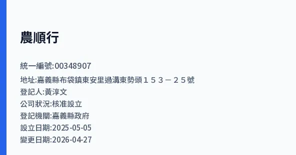 農順行的照片-統編 00348907(嘉義縣) 公司登記資料與營業項目詳細圖表