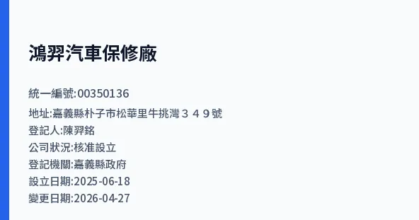 鴻羿汽車保修廠的照片-統編 00350136(嘉義縣) 公司登記資料與營業項目詳細圖表