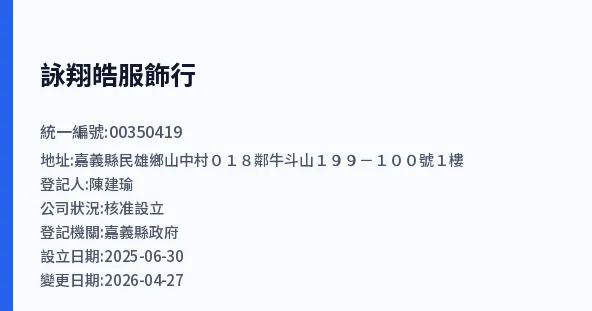 詠翔皓服飾行的照片-統編 00350419(嘉義縣) 公司登記資料與營業項目詳細圖表