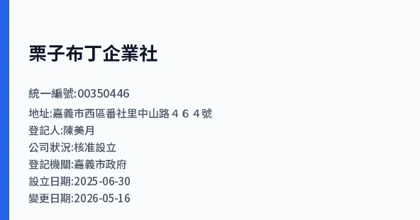 栗子布丁企業社的照片-統編 00350446(嘉義市) 公司登記資料與營業項目詳細圖表
