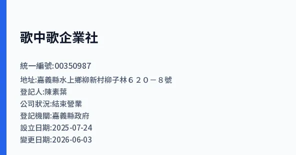 歌中歌企業社的照片-統編 00350987(嘉義縣) 公司登記資料與營業項目詳細圖表