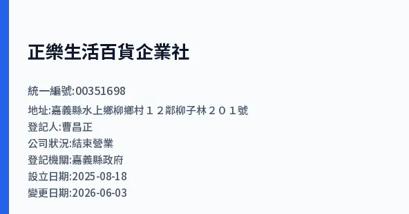 正樂生活百貨企業社的照片-統編 00351698(嘉義縣) 公司登記資料與營業項目詳細圖表