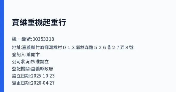 寶維重機起重行的照片-統編 00353318(嘉義縣) 公司登記資料與營業項目詳細圖表
