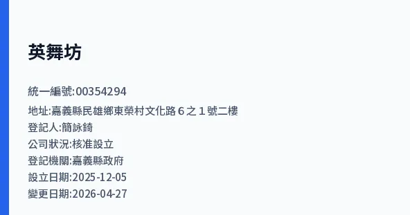 英舞坊的照片-統編 00354294(嘉義縣) 公司登記資料與營業項目詳細圖表