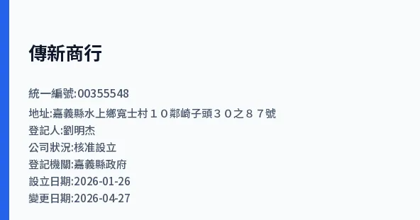 傳新商行的照片-統編 00355548(嘉義縣) 公司登記資料與營業項目詳細圖表