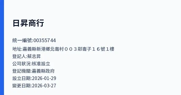 日昇商行的照片-統編 00355744(嘉義縣) 公司登記資料與營業項目詳細圖表