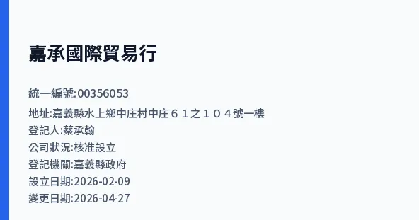 嘉承國際貿易行的照片-統編 00356053(嘉義縣) 公司登記資料與營業項目詳細圖表