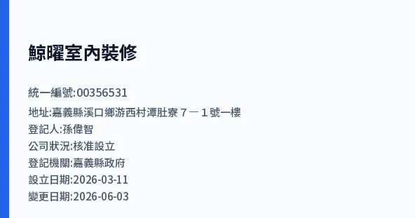 鯨曜室內裝修的照片-統編 00356531(嘉義縣) 公司登記資料與營業項目詳細圖表