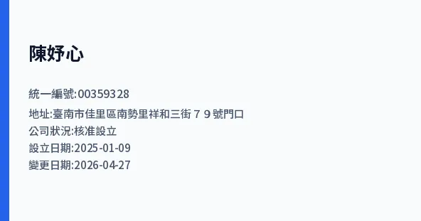 陳妤心的照片-統編 00359328(臺南市) 公司登記資料與營業項目詳細圖表