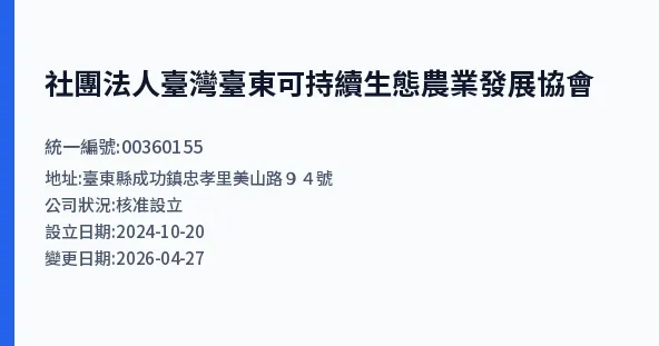 社團法人臺灣臺東可持續生態農業發展協會的照片-統編 00360155(臺東縣) 公司登記資料與營業項目詳細圖表
