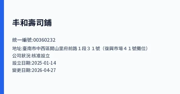 丰和壽司鋪的照片-統編 00360232(臺南市) 公司登記資料與營業項目詳細圖表