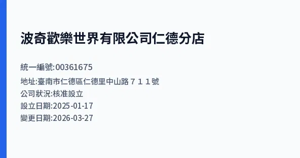 波奇歡樂世界有限公司仁德分店的照片-統編 00361675(臺南市) 公司登記資料與營業項目詳細圖表