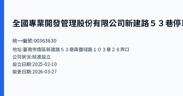 全國專業開發管理股份有限公司新建路53巷停車場的照片-統編 00363630(臺南市) 公司登記資料與營業項目詳細圖表