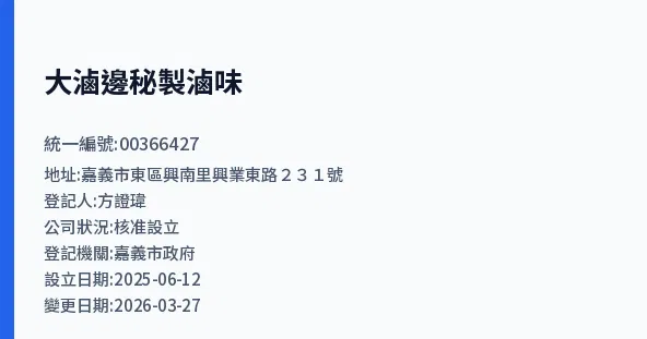 大滷邊秘製滷味的照片-統編 00366427(嘉義市) 公司登記資料與營業項目詳細圖表