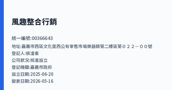 風趣整合行銷的照片-統編 00366643(嘉義市) 公司登記資料與營業項目詳細圖表