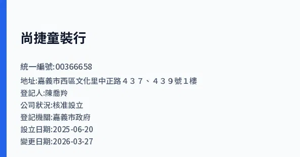 尚捷童裝行的照片-統編 00366658(嘉義市) 公司登記資料與營業項目詳細圖表