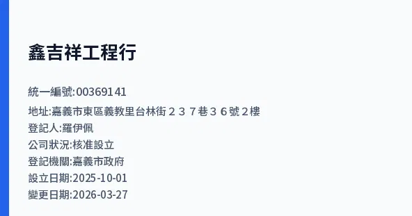 鑫吉祥工程行的照片-統編 00369141(嘉義市) 公司登記資料與營業項目詳細圖表