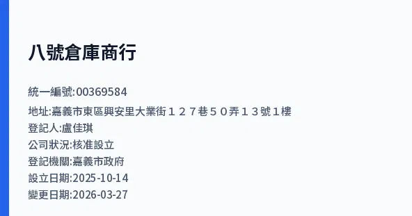八號倉庫商行的照片-統編 00369584(嘉義市) 公司登記資料與營業項目詳細圖表