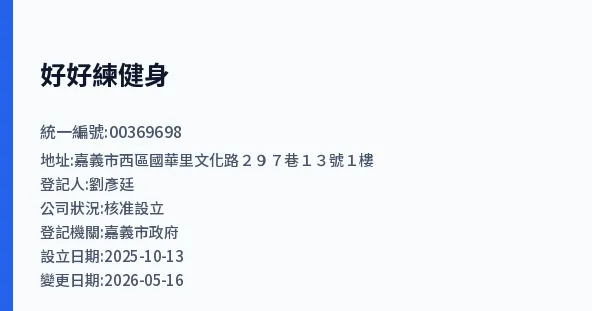 好好練健身的照片-統編 00369698(嘉義市) 公司登記資料與營業項目詳細圖表