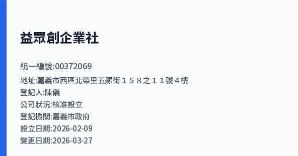 益眾創企業社的照片-統編 00372069(嘉義市) 公司登記資料與營業項目詳細圖表