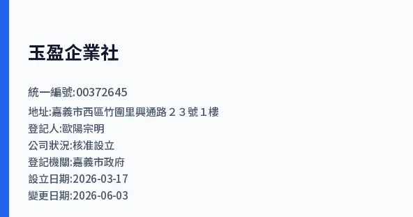 玉盈企業社的照片-統編 00372645(嘉義市) 公司登記資料與營業項目詳細圖表