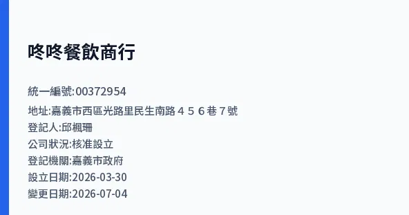 咚咚餐飲商行的照片-統編 00372954(嘉義市) 公司登記資料與營業項目詳細圖表