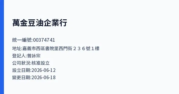 萬金豆油企業行的照片-統編 00374741(嘉義市) 公司登記資料與營業項目詳細圖表